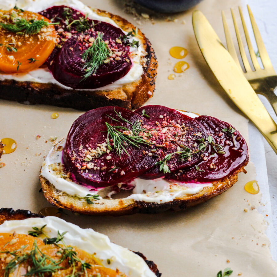 Roasted Beet Crostini | Beet Toasts with Almond Dukkah - Mom Under Pressure